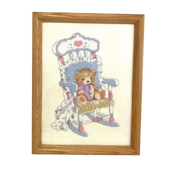 Hand Crafted | Accents | Vintage Framed Custom Cross Stitch Bear ...